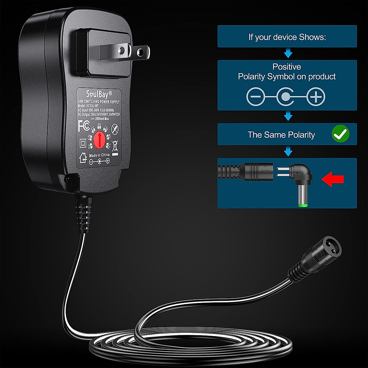 SoulBay 24W Universal AC/DC Adapter 3V 4.5V 5V 6V 7.5V 9V 12V 2A Power Supply for LED Light Strip Router HUB Speaker TV Box Household Electronics 1A 1.5A 2.0A 2000mA Amp Max, Center Positive