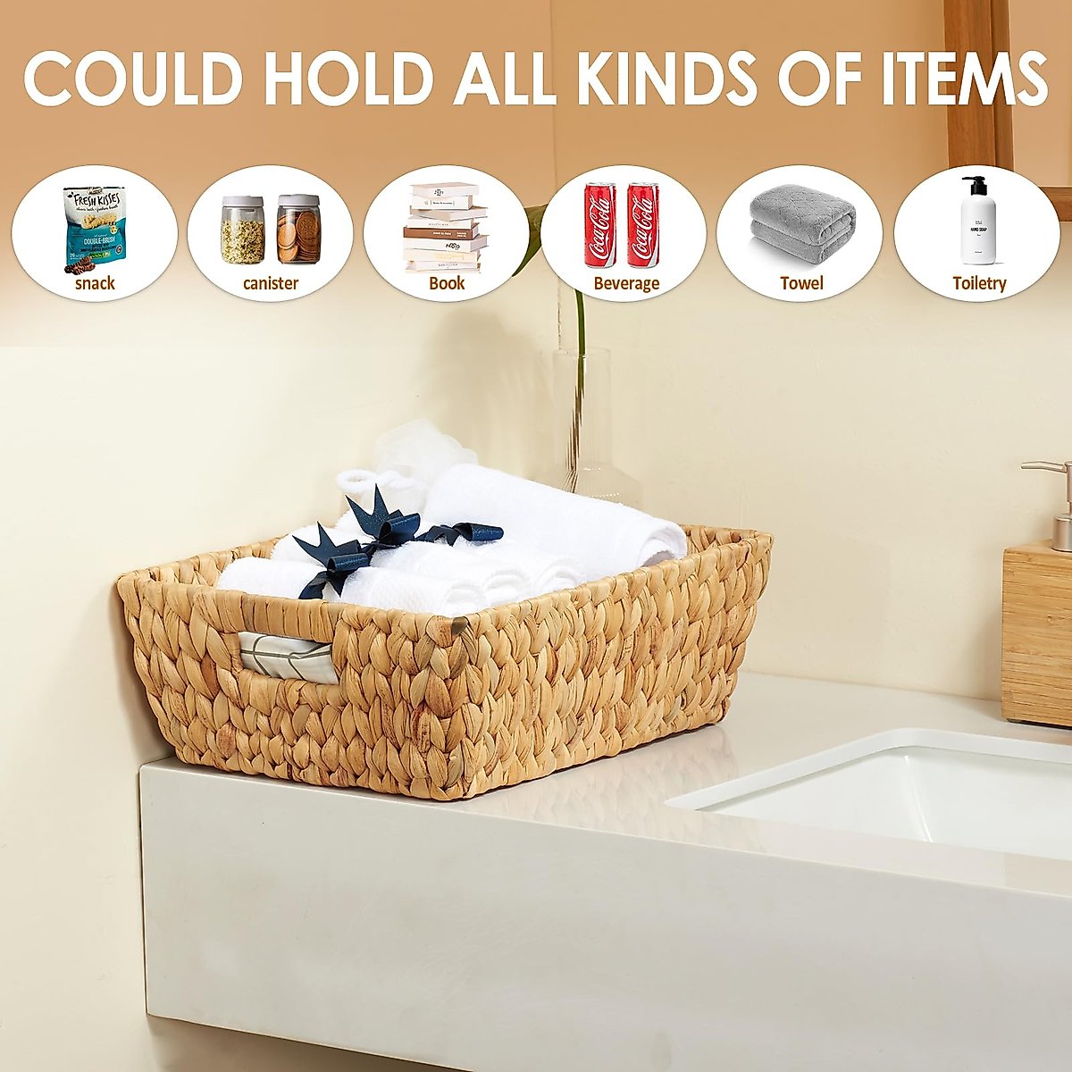 ROSOS Wicker Baskets 2 Pack, Water Hyacinth Wicker Storage Basket with Handles, Large Wicker Baskets for Storage, Wicker Baskets for Organizing, Handmade Large Wicker Basket, Natural