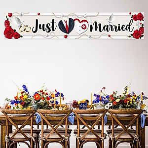 Labakita Large Just Married Banner, Wedding Ceremony Front Yard Banner Sign, Wedding Banner for Outside/Inside, Honeymoon Bridal Shower Wedding Party Decoration Supplies