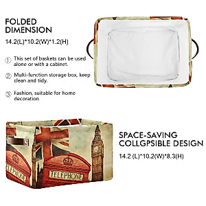 AUUXVA London UK Flag Telephone Booth Storage Bins Basket, Big Ben Union Jack Collapsible Storage Cube Rectangle Storage Box with Handles for Shelf Closet Nursery Bedroom Home Office 2 Pack