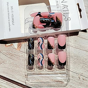 24 Pcs Press on Nails Medium Square Black French Fake Nails Press ons Gold Foil Sequin Fashion Nail Tips Full Cover False Nails with Designs Stick on Nails Glue Acrylic Nail Kit Art for Women Manicure