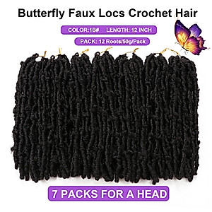 7 Packs Butterfly Faux Locs Crochet Hair 12 Inch Pre-looped Distressed Locs Soft Locs Crochet Hair For Black Women Crochet Braids Hair (12Inch 7Pack, 1B#)