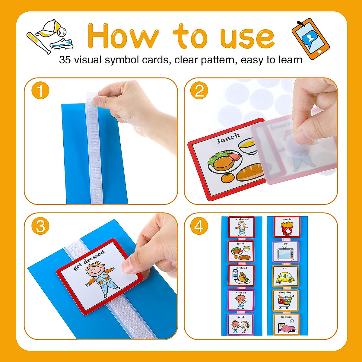 35 Pieces Visual Schedule Cards Routine Cards Home Chore Chart Routine Cards Autism Learning Materials with 35 Pieces Hook and Loop Dots for Kids, Classroom School (Yellow, Cute Style)