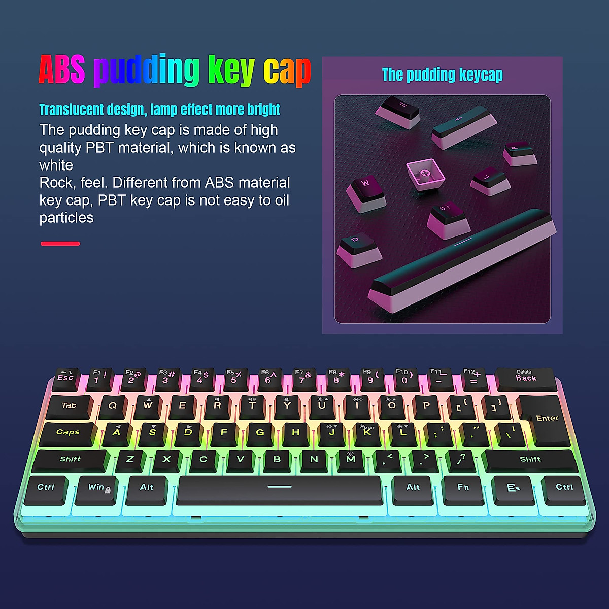 Snpurdiri 60% Wired Gaming Keyboard, Pudding Keycaps with Translucent Layer,RGB Ultra-Compact Mini Keyboard, Waterproof Small 61 Keys Keyboard for Office/Gaming(Black)