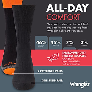 Wrangler Socks for Work - Hi-Vis Mens Socks - Crew Boot Socks for Men Size 6-12 (Black/Orange)
