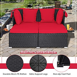 LDAILY Moccha Outdoor Daybed with Retractable Canopy, Wicker Cabana with 2 Side Tables & Soft Cushions,Hand-Woven PE Rattan Bed Lounger, Patio Sectional Furniture Set for Garden Backyard Porch (Red)