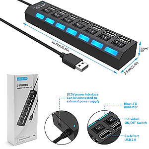 barsone Multi Port USB Hub Splitter, 7-Port USB 2.0 Hub for Laptop, USB Port Expander with On/Off Individual Switch Compatible for All USB Device