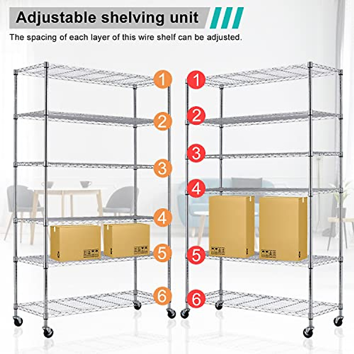 BLKMTY 6 Tier Wire Shelving Unit Adjustable Storage Shelves Metal Shelf with Wheels Wire Rack for Garage Basement Kitchen Racks 2100lbs Capacity Metal Pantry Shelves 48"x18"x82", Silver