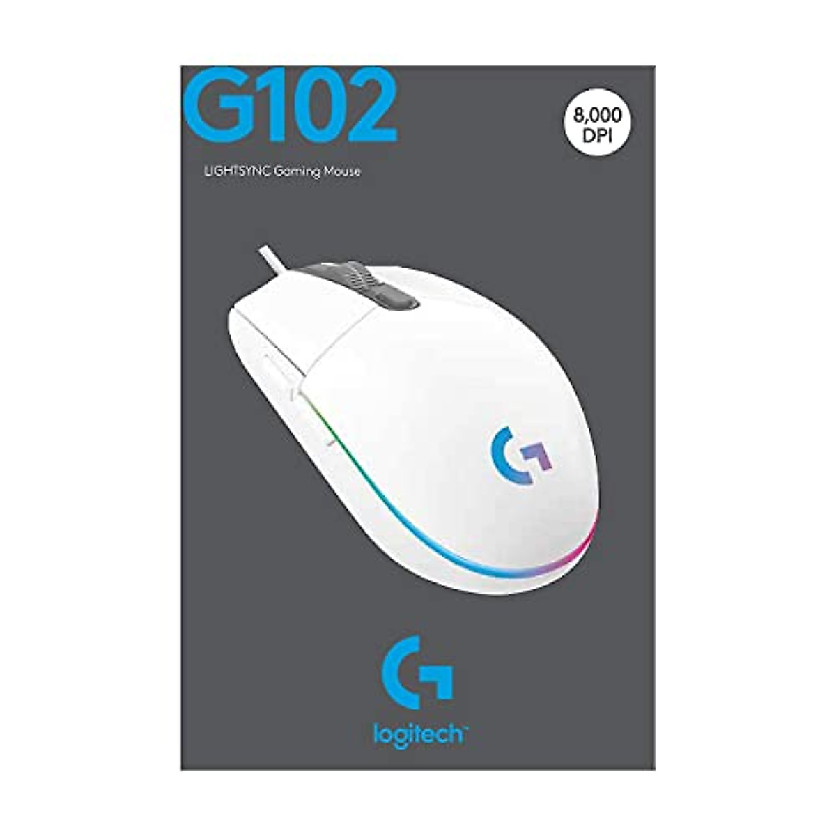 Logitech G102 Light Sync Gaming Mouse with Customizable RGB Lighting, 6 Programmable Buttons, Gaming Grade Sensor, 8 k dpi Tracking,16.8mn Color, Light Weight (White)