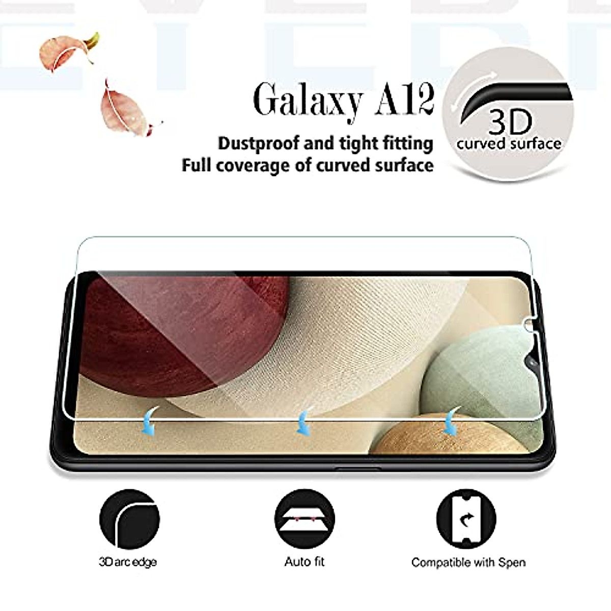 Galaxy A12 Tempered Glass Screen Protector + Camera Lens Protectors by YEYEBF, [2+2 Pack] [3D Glass] [Bubble-Free] [Anti-Glare] for Samsung Galaxy A12