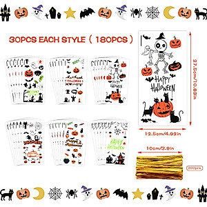 TOEKSIX Halloween Cellophane Treat Bags, 180pcs Halloween Trick or Treat Goodie Bags with 200pcs Gold Twists for Snacks Cookies Candies Packing, Skeleton Man Halloween Candy Bags Party Favor Supplies