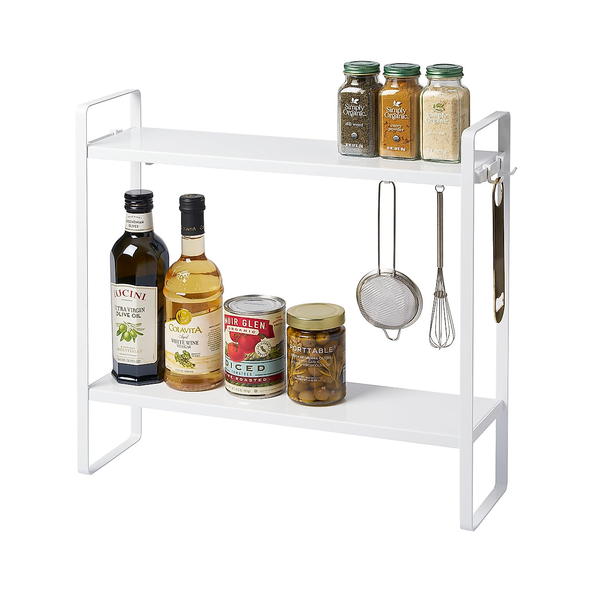 Yamazaki Home Tower Compact 2-Shelf Kitchen Storage Rack | Easy-To-Clean Design, Versatile Hooks - Steel