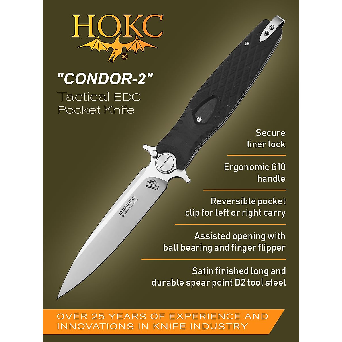 HOKC Condor-2 | 341-100401 | Pocket Knife, EDC Knife by Official Dealer - Designed by Russian Master Aleksander Biryukov - Liner Lock, G10 Handle, Thumb Stud, Finger Flipper, Reversible Pocket Clip, Long and Durable D2 Stainless Tool Steel, Satin Finished