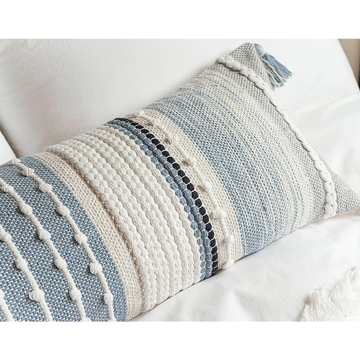 BlissBlush Coastal Blue Decorative Lumbar Pillow Cover 14x36 Boho Long Body Pillow for Bed Farmhouse Lumbar Throw Pillow for Couch Modern Accent Textured Throw PillowCase