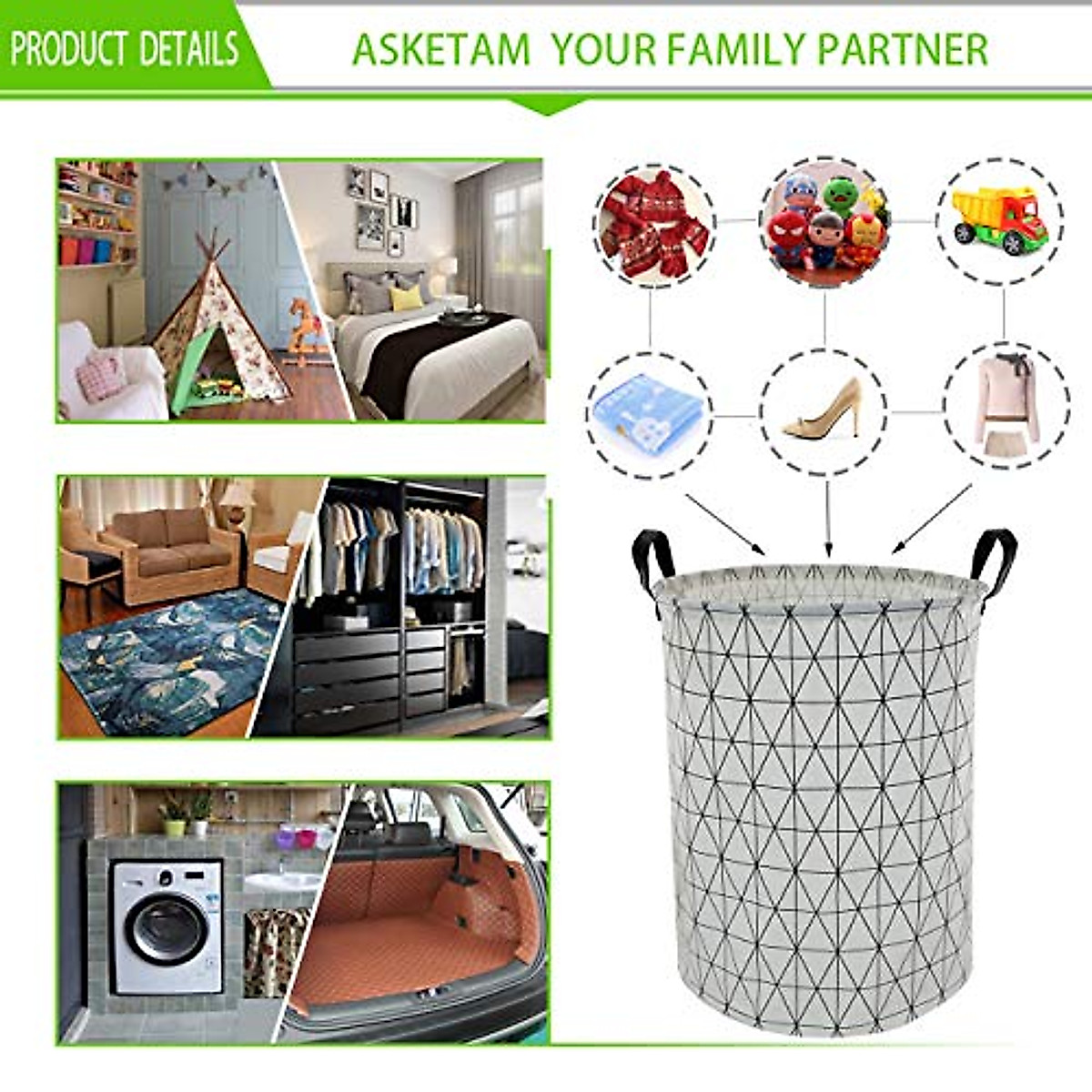 ASKETAM Fabric Laundry Basket Canvas Laundry Hamper for Dirty Clothes Toy Organizer Kid Nursery Room Decor Basket (Geometric rhombus)