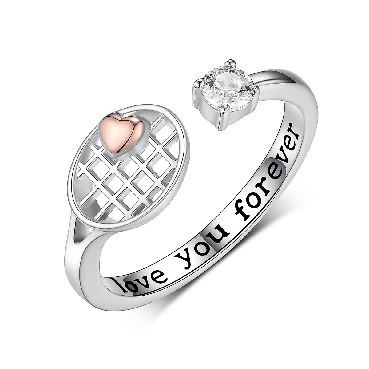 Peireara Tennis Racket Ring 925 Sterling Silver Adjustable Open Tennis Racket Ring, Engraved I Love You Forever Tennis Themed Sport Jewelry Gifts for Women Mom