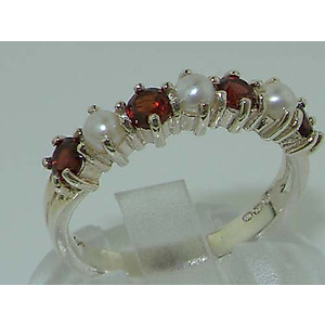 LetsBuyGold 925 Sterling Silver Cultured Pearl & Garnet Womans Eternity Ring - Size 10.25