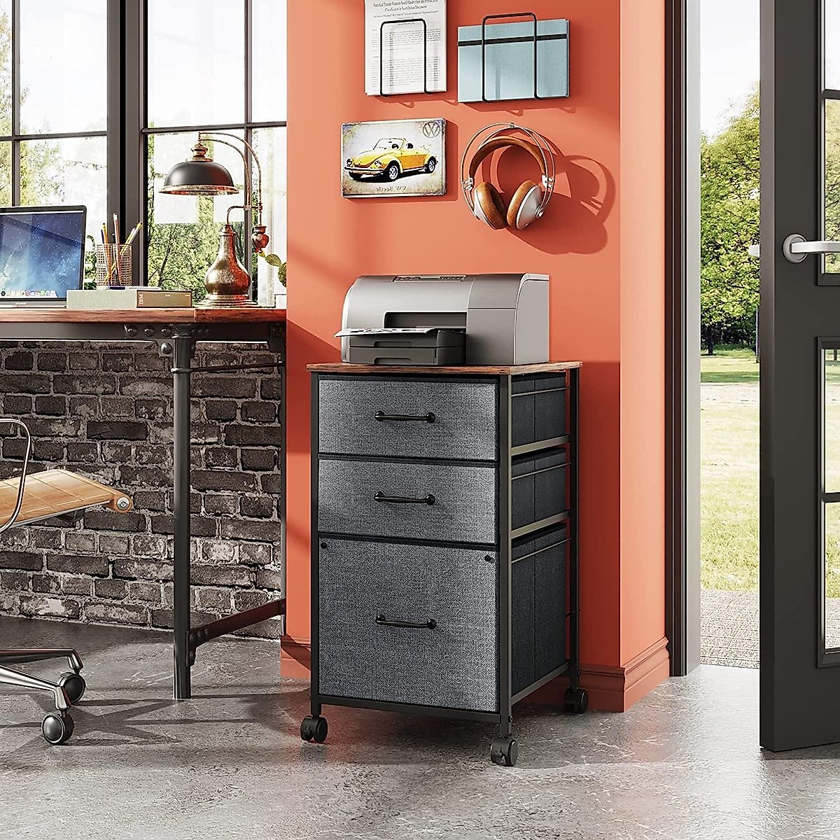 DEVAISE Mobile File Cabinet, Rolling Printer Stand with 3 Drawers, Fabric Vertical Filing Cabinet fits A4 or Letter Size for Home Office, Rustic Brown