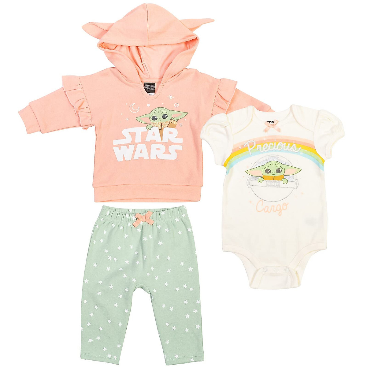 STAR WARS The Mandalorian The Child Newborn Baby Girls 3 Piece Outfit Set: Pullover Fleece Hoodie Cuddly Bodysuit Pants Pink/White/Green 3-6 Months