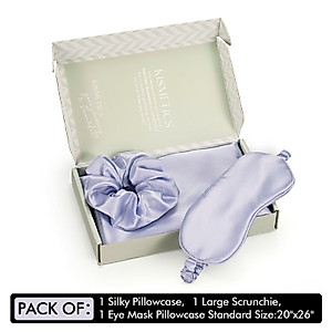 KISMETICS - Vegan Silk Sleep Set, Silky Pillowcase with Large Scrunchie and Eye Mask for Hair and Skin, Self Care Essential Satin Night Routine Kit (Purple Color)