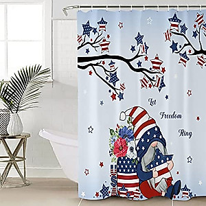 Fourth of July 4 Piece Shower Curtain Sets with Non-Slip Rugs, Toilet Lid Cover and Bath Mat, American Flag Stars Cute Gnomes Patriotic Theme Shower Curtain with 12 Hooks, Durable and Waterproof