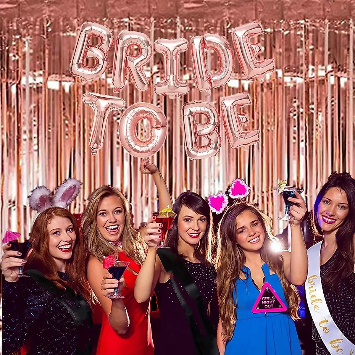 EFAILY Bachelorette Party Decorations - Rose Gold Bridal Shower Party Decor and Supplies Kit Bride To Be Sash, Veil, Temporary Tattoos, Confetti Balloons Pack Fringe Curtain.