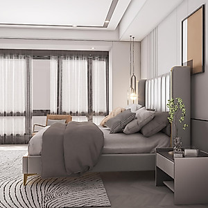 King Size Bed Frame, Upholstered Platform Bed with Tall Channel Tufted Headboard, Classic Modern Grey Mattress Foundation with Thickening Pine Wooden Slats and Metal Leg, No Box Spring Needed