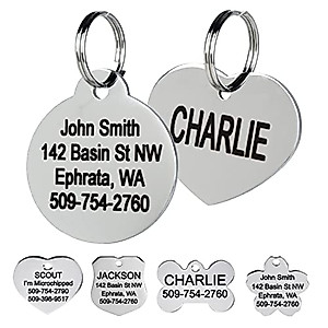 GoTags Stainless Steel Pet ID Tags, Personalized Dog Tags and Cat Tags, up to 8 Lines of Custom Text, Engraved on Both Sides, in Bone, Round, Heart, Bow Tie and More