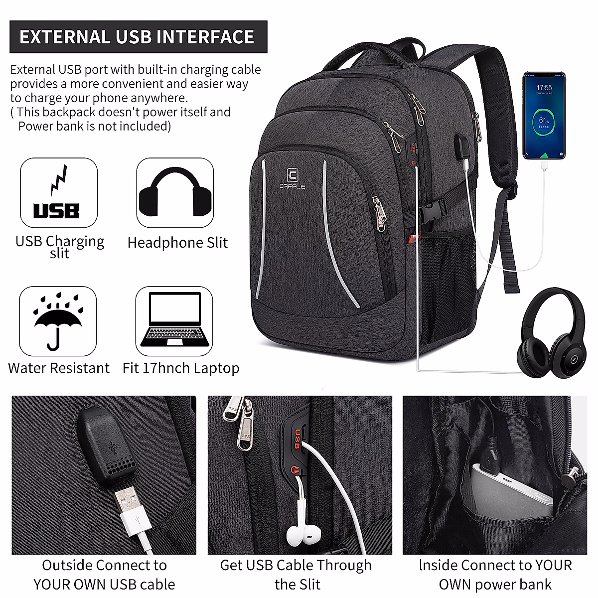 CAFELE Backpack,Large 17.3in Durable Travel Laptop Backpack, College Backpack, RFID Anti Theft Pocket Big Business Computer Bag,Water Resistant School Bookbag for Teens Men Women,Gifts Grey