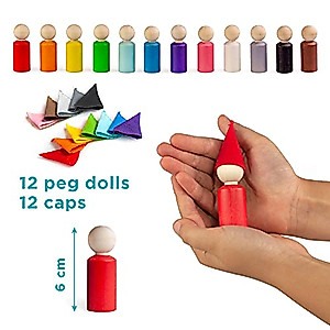 Ulanik Peg Dolls with Hats Toddler Montessori Toys for 3 Year Old + Kids Wooden Waldorf Dolls for Learning Color Sorting and Counting — 12 Gnomes, 2.36 in