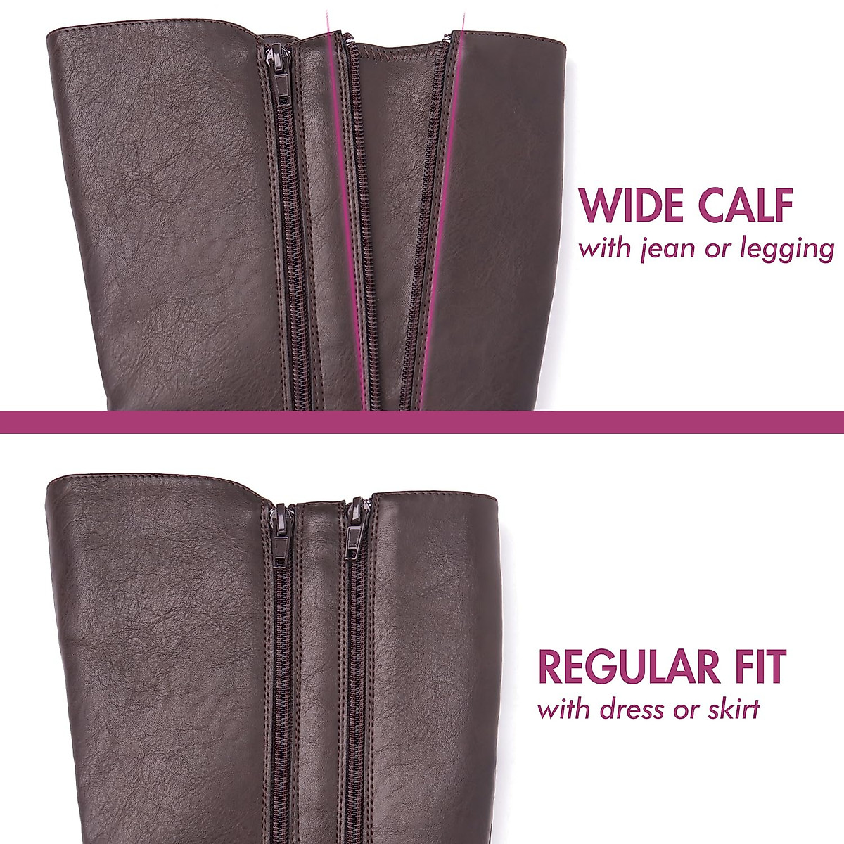 Hawkwell Women's Wide Calf Double Zipper Knee High Riding Boots, Brown PU, 7.5 M US