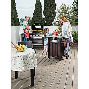 Keter Unity Portable Outdoor Table and Storage Cabinet with Hooks for Grill Accessories-Stainless Steel Top for Patio Kitchen Island or Bar Cart