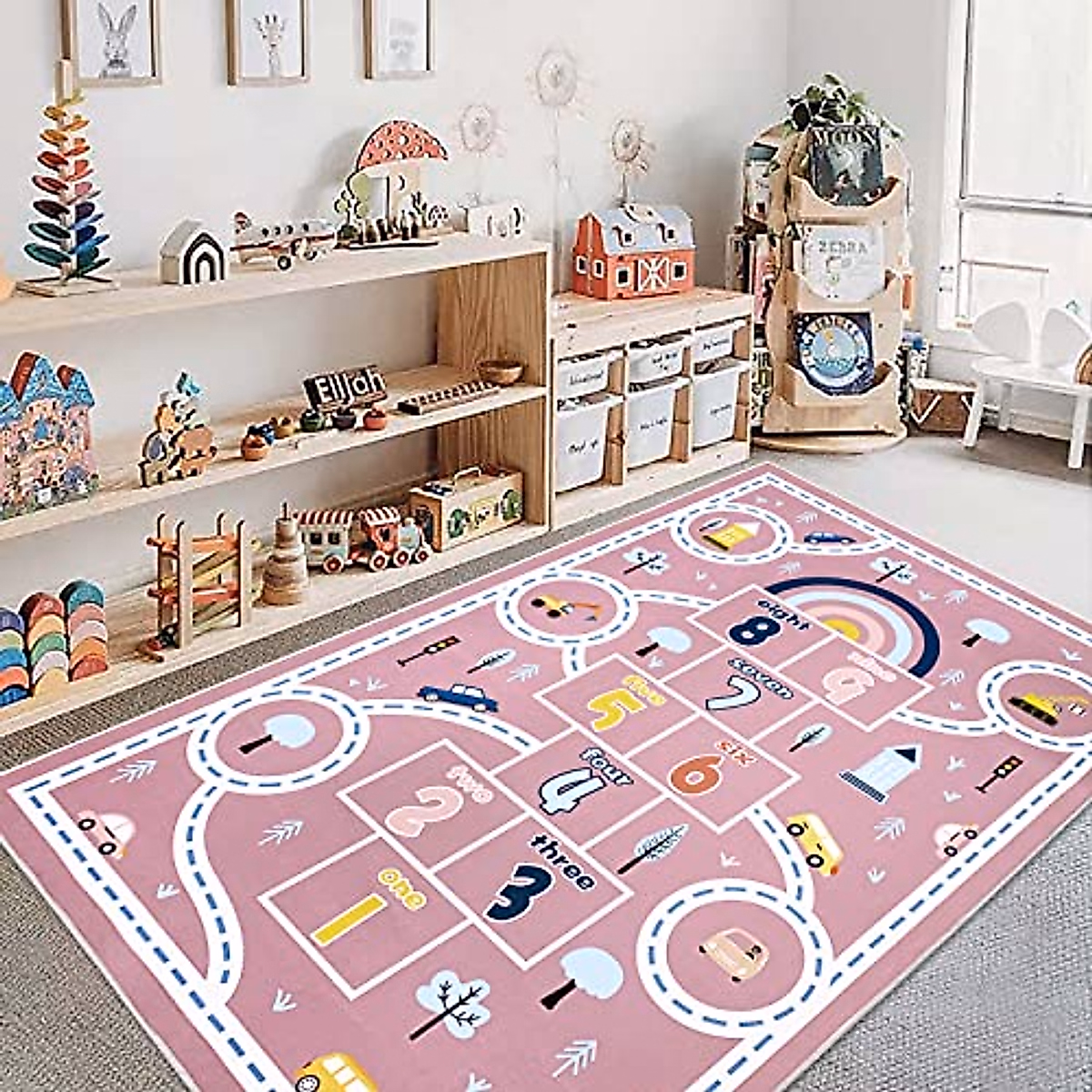 Abeigoi Hopscotch Car Rug 4x6Ft Kids Play Rug Mat Pink Bedroom Playroom Carpet for Girls Boys Nonslip Classroom Rug Children Numbers Educational Throw Area Rugs for Girls Room Decor
