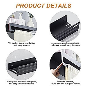 Lopeceal Set of 2 Floating Shelves Wall Mounted, Aluminum Storage Shelves with Metal Frame and Towel Rack, Decorative Display Shelf Organizer for Living Room Bedroom Kitchen Bathroom Office, Black