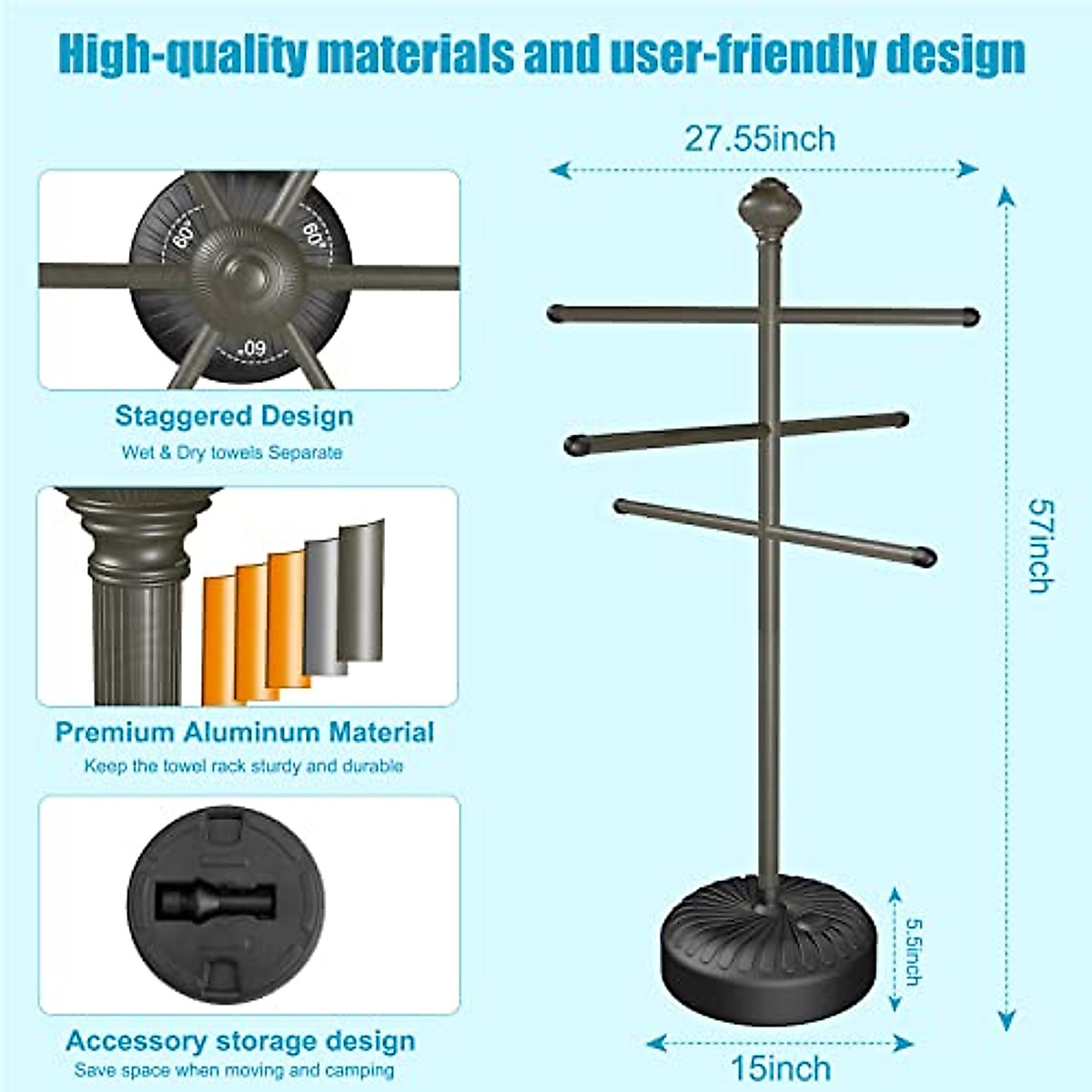 Hestiasko 57" Metal Outdoor Towel Rack for Pool with 3 Adjustable Bars, Hot Tub Accessories for Adults, Upscale Pool Towel Rack - Gray