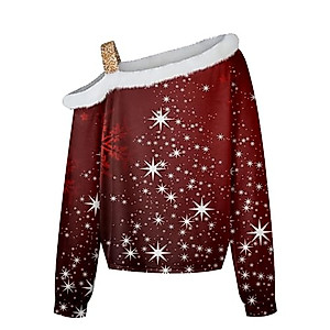 Christmas Womens Fall Fashion 2023 Long Sleeve Cold Shoulder Shirts Christmas Graphic Print Off The Shoulder Tops for Women Cute Sexy Tunic Blouses for Women Plus Size Wine 3XL