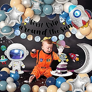 First Trip Around the Sun Birthday Decorations- 74pcs Outer Space Balloon Garland Kit with Banner Cake Topper Astronaut Foil Balloons for Boy 1st First Birthday Baby Shower Space Galaxy Party Supplies