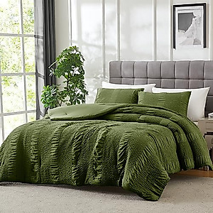Seersucker Olive Green King Size Comforter Set, 3 Pieces- Soft Washed Microfiber Sage Comforter with 2 Pillowcases shams, Fluffy Down Alternative Bedding Comforter Sets for All Season (104x90 inches)