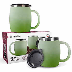 FineDine Double-Wall Stainless Steel, Drinking Cup, Coffee Mugs with Spill-Resistant Lids, Comfortable Handle for Hot & Cold Drinks, Shatterproof Coffee Cups, 14 Ounces