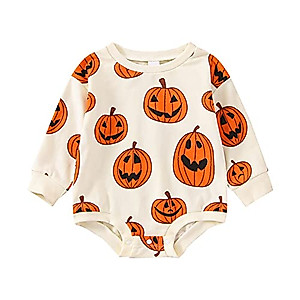 Baby Halloween Outfit Boy Girl Pumpkin Patch Onesie Sweatshirt Romper Sweater Shirt Cute Newborn Toddler Clothes 18-24 Months AH Halloween Pumpkin Cream