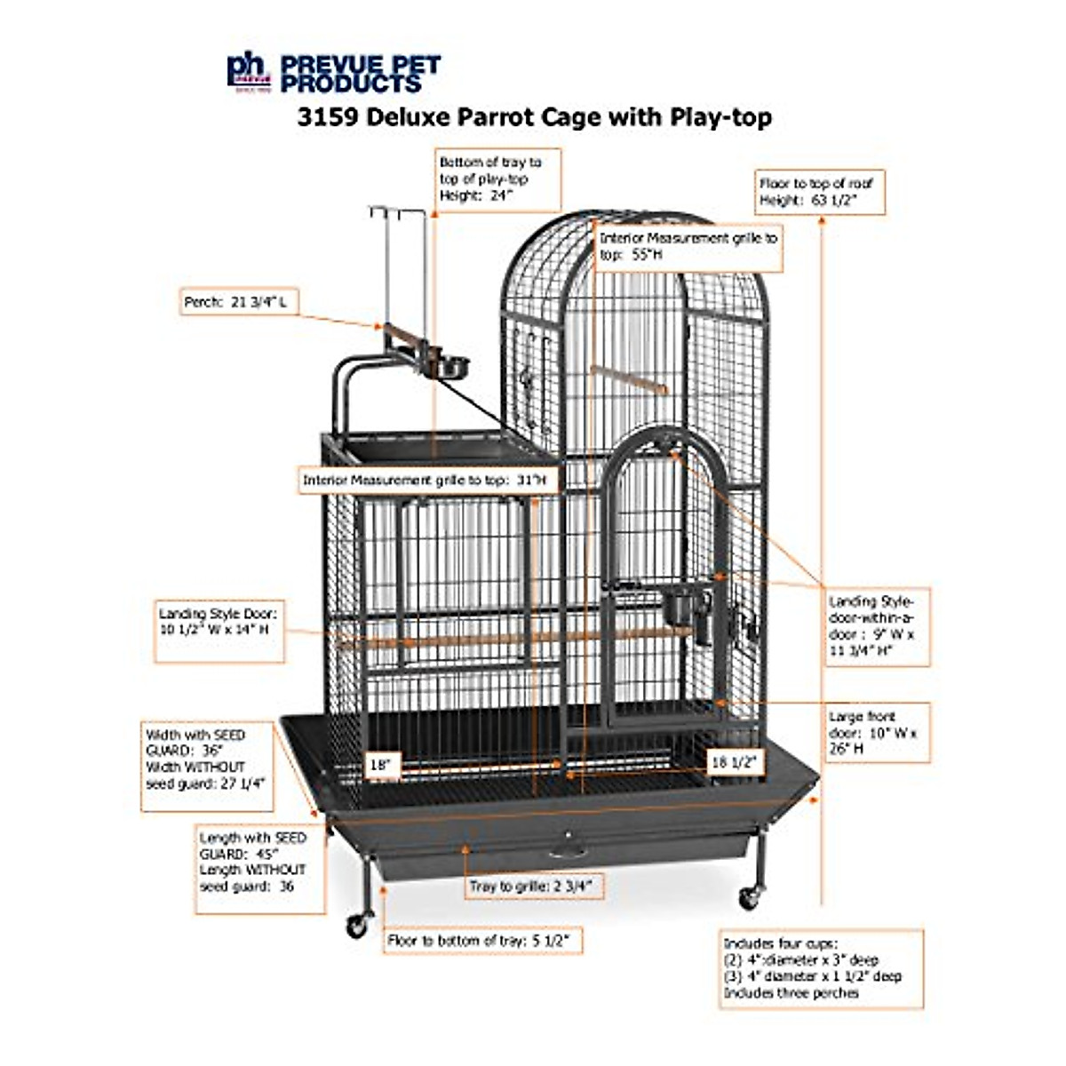 Prevue Pet Products BPV3159 Double Roof Bird Cage with Playtop, 36-1/2 by 27-1/4-Inch, Black