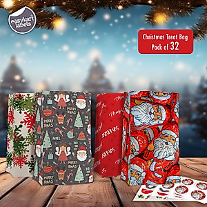 easykart labels Christmas Treat Bags, 32 Pcs Christmas Paper Bags, 32 Pcs Christmas Stickers, Christmas Goodie Bag Party Supplies for Classrooms, Party Favors, Kraft Holiday Goody
