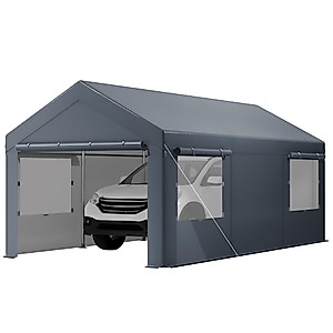 GarveeLife 10x20FT Heavy Duty Carport, Portable Garage with Sidewalls, Doors and Ventilated Windows, UV Resistant and Waterproof, Carports 10x20 Heavy Duty for Car, Bike, Boat, Party (Gray)
