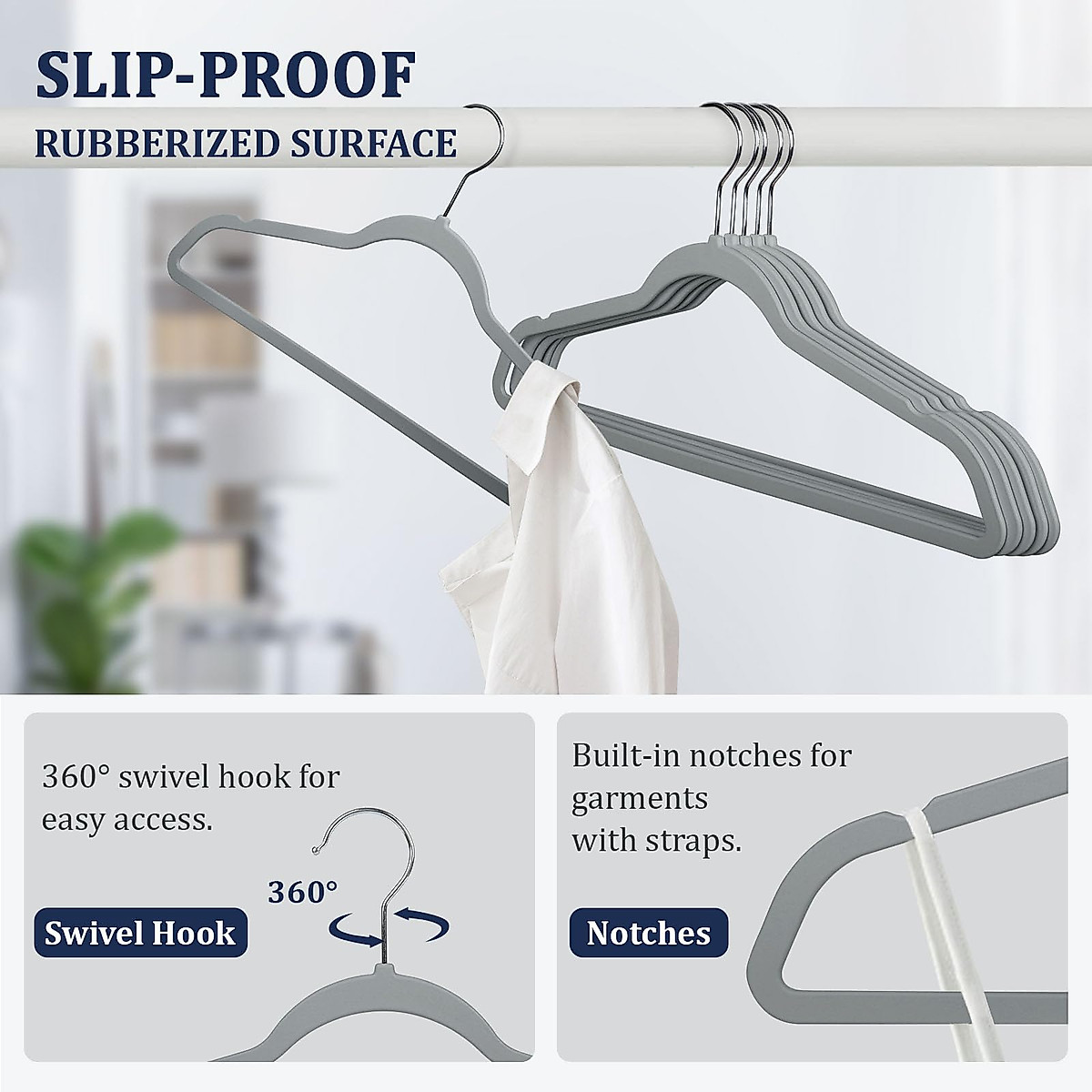Plastic Hangers 30 Pack Rubber Coated Hangers, Non-Slip and Durable Hangers with Rubber Covering, Space Saving Keeping Closet Organized, Gray