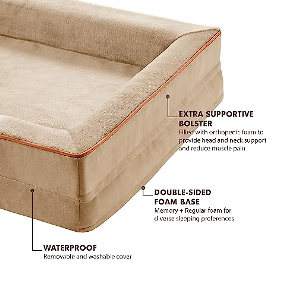 Codi Large Memory Foam Layer Dog Bed, Washable Orthopedic Dogs Beds Couch with Removable Zipper Cover, Waterproof Pet Sofa with U-Shape Bolster, Khaki, 91x68x(7.5+8.9) cm