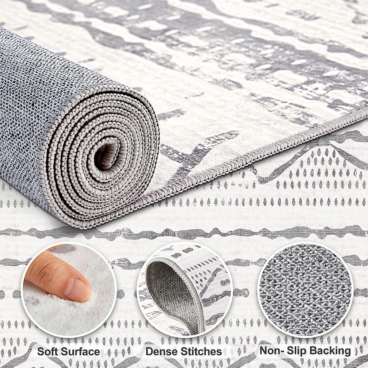 Area Rugs 8x10 Living Room: Washable Boho Large Neutral Soft Farmhouse Rug Stain Resistant Modern Geometric Non Slip Indoor Floor Carpet for Bedroom Nursery Kids Playroom Office- Gray White