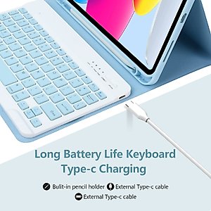 BAMCOO for iPad 10th Generation Case with Keyboard 10.9 2022, Keyboard Case for iPad with Detachable Wireless Keyboard, Rechargeable Keyboard Case with Pencil Holder for iPad 10th (Blue)
