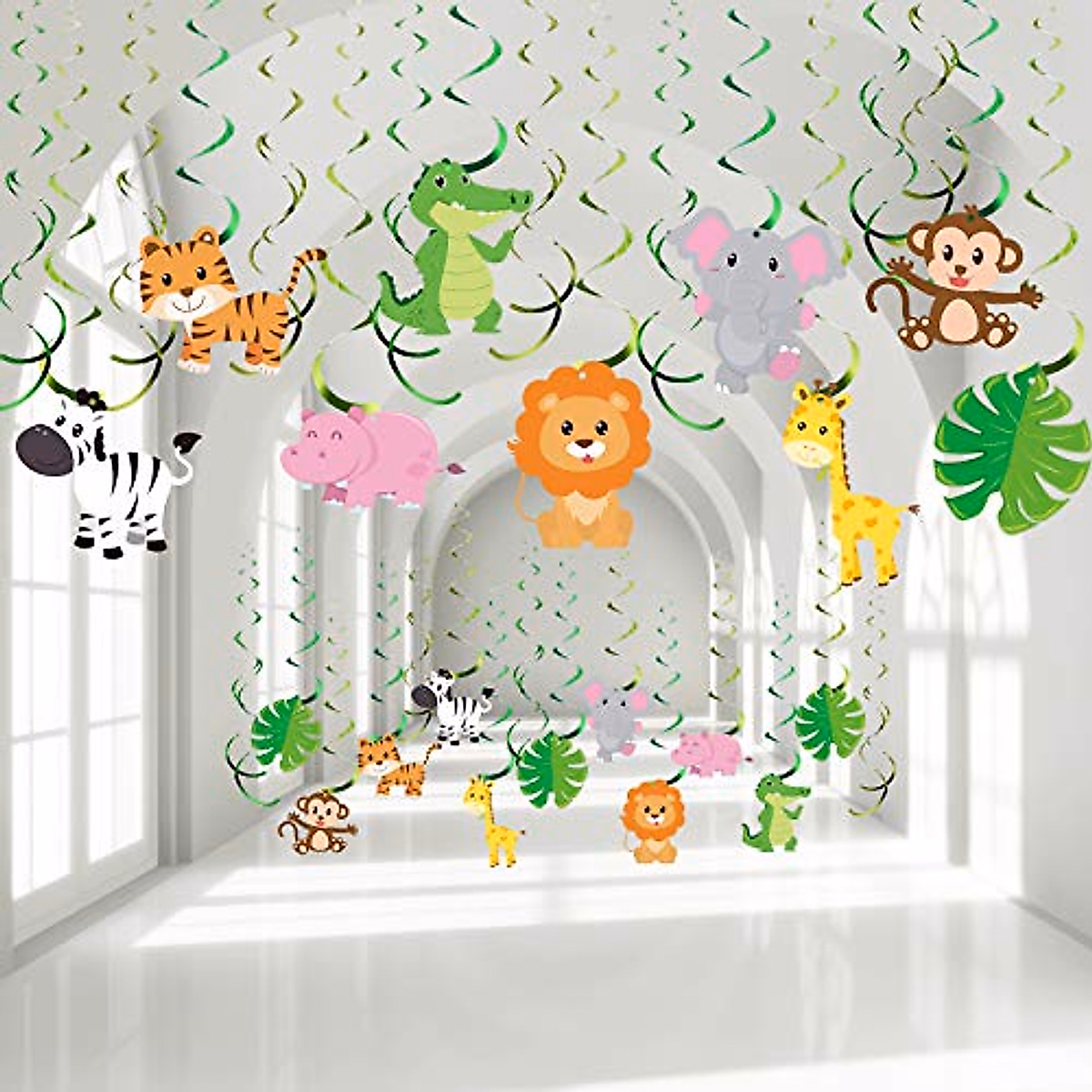 Blulu 30 Count Jungle Safari Animals Party Decorations Jungle Animals Hanging Swirl, Forest Theme Foil Swirls Ceiling for Safari Birthday Decorations Jungle Party Safari Baby Shower Decorations