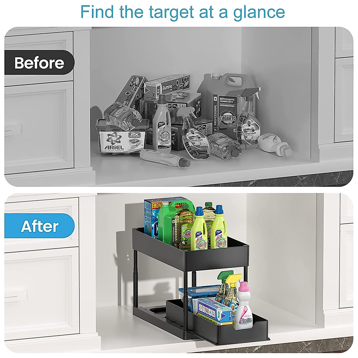 YIYUE Under Sink Storage, Adjustable Height Bathroom Kitchen Pull Out under Sink Organizer and Storage, 2 Tie Non - slip Sturdy Double Sliding Drawers Black