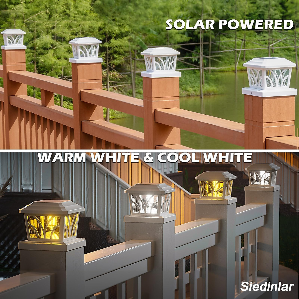 SIEDiNLAR Solar Post Cap Lights Outdoor, Aluminum Glass 2 Modes Edison LED Bulbs for 4x4 5x5 6x6 Vinyl Wooden Posts Deck Fence Patio Decor, Warm White/Cool White Lighting 6 Pack (White)